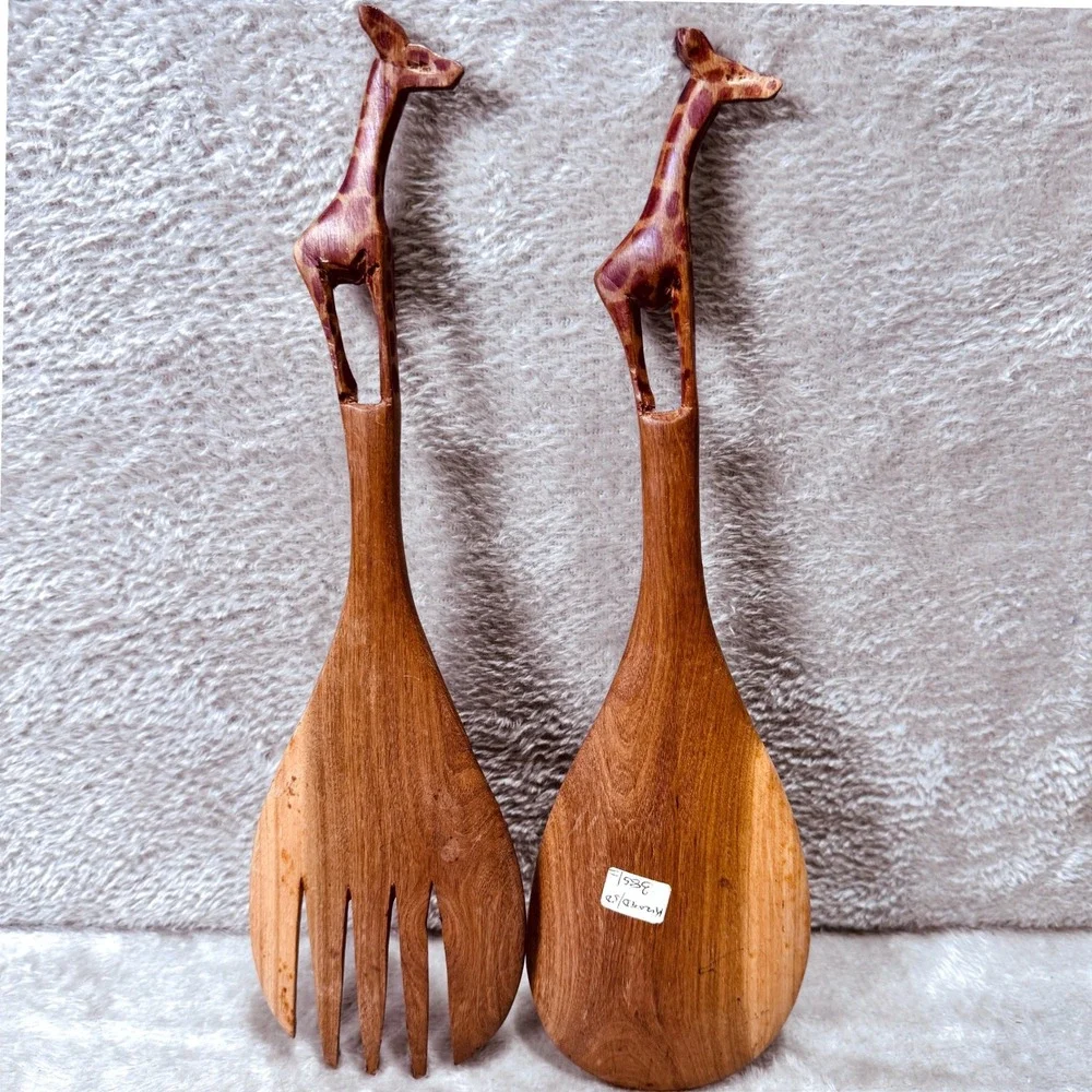 Dining | Vintage Wooden Salad Servers Giraffe Safari Handle Carved Wood ...
